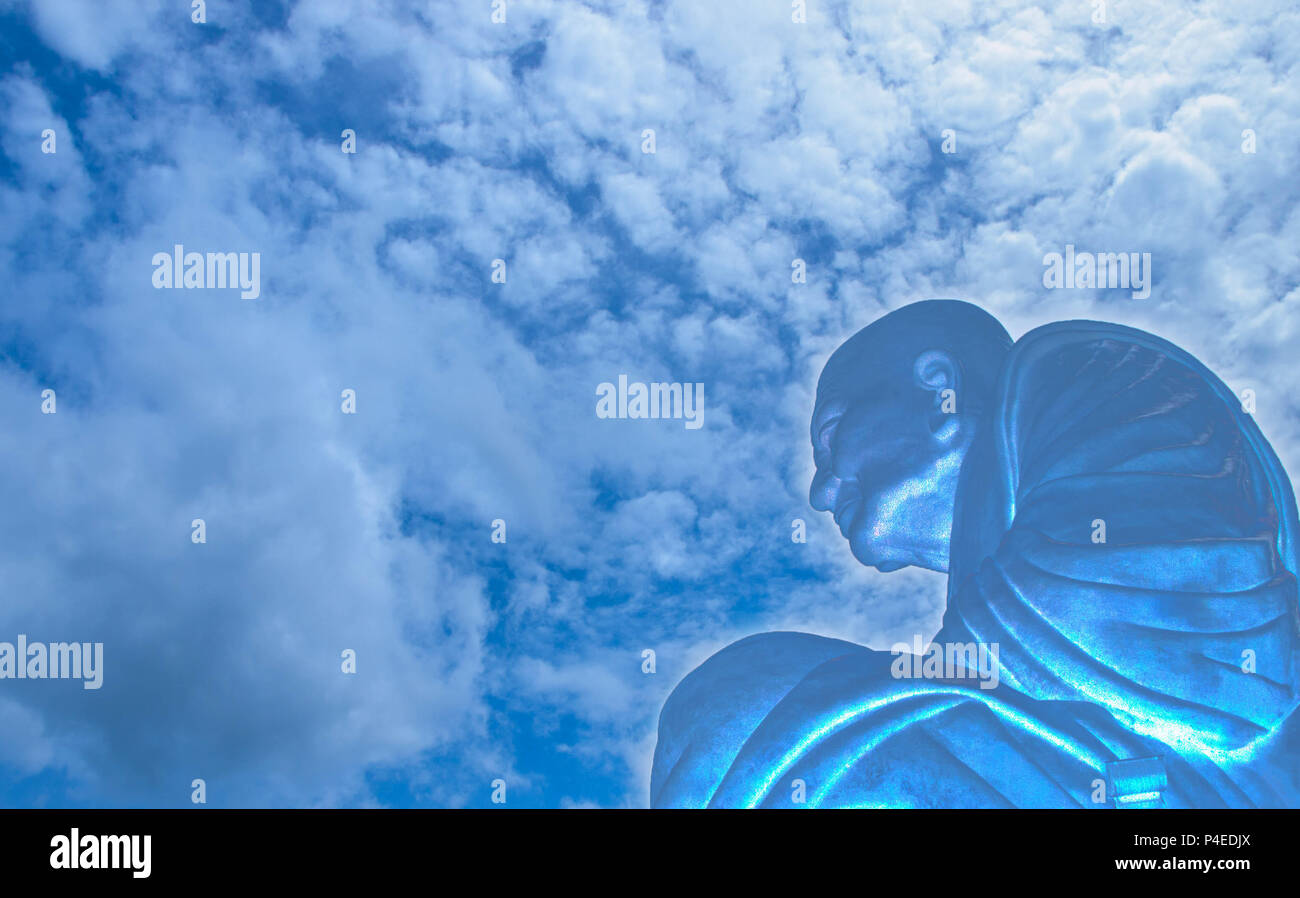 Blue backlit of Luang Pu Toad Buddha Statue with clear sky, The Biggest ...