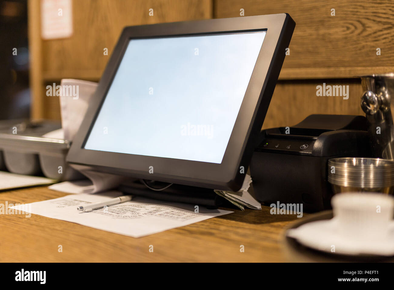 Point of sale POS touchscreen terminal. Tablet for waiter to make and ...