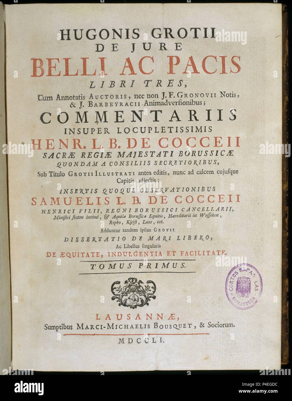 PORTADA "DE JURE BELLI AC PACIS"LAUSANNE 1751-IMPRESOR MARCUS MICHAELIS ...