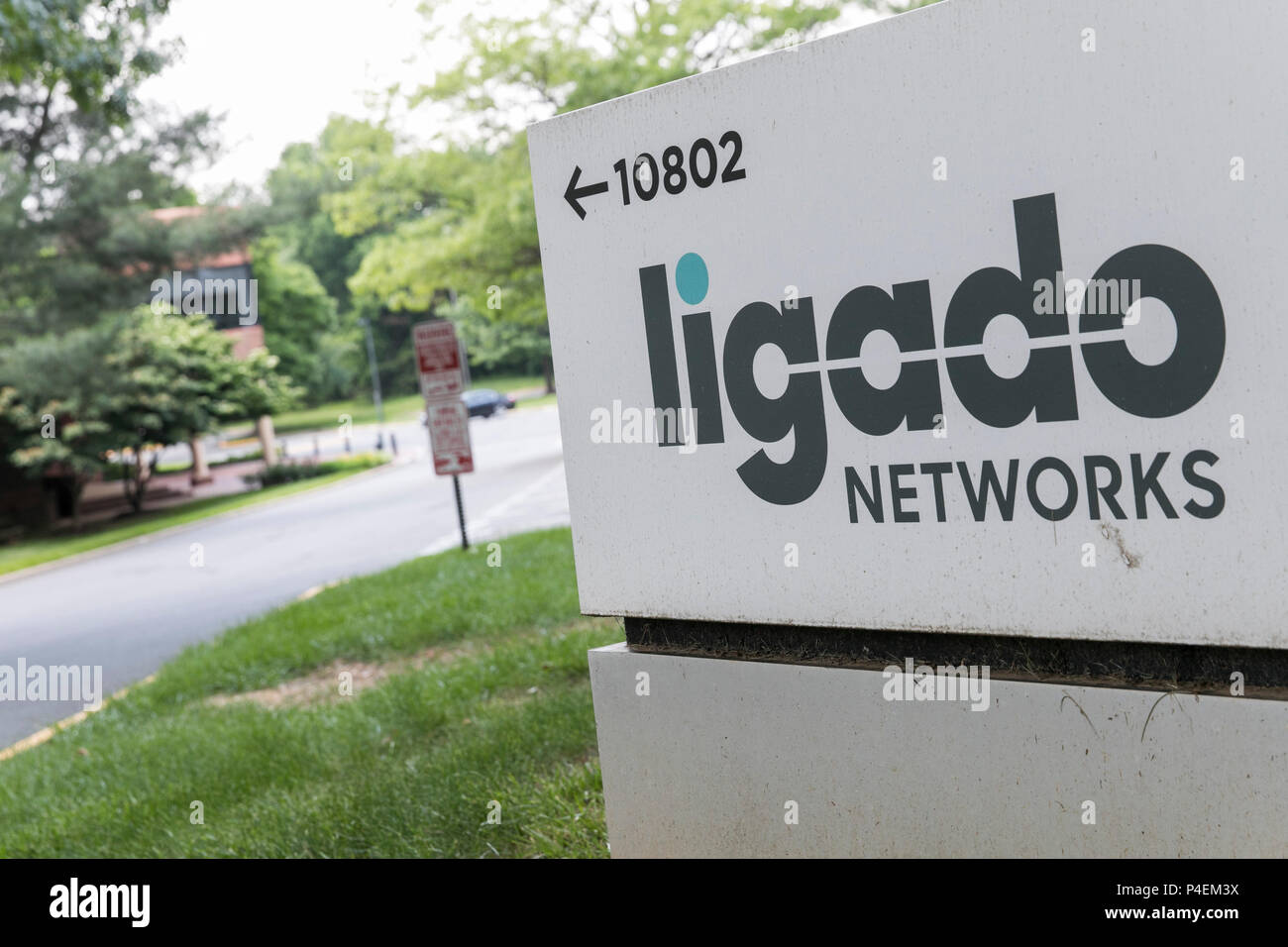 A logo sign outside of the headquarters of Ligado Networks in Reston ...