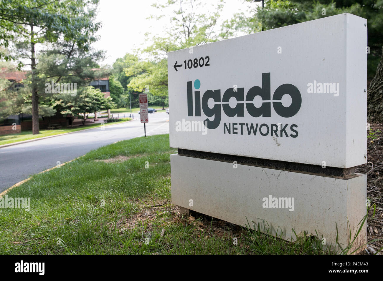 A logo sign outside of the headquarters of Ligado Networks in Reston ...