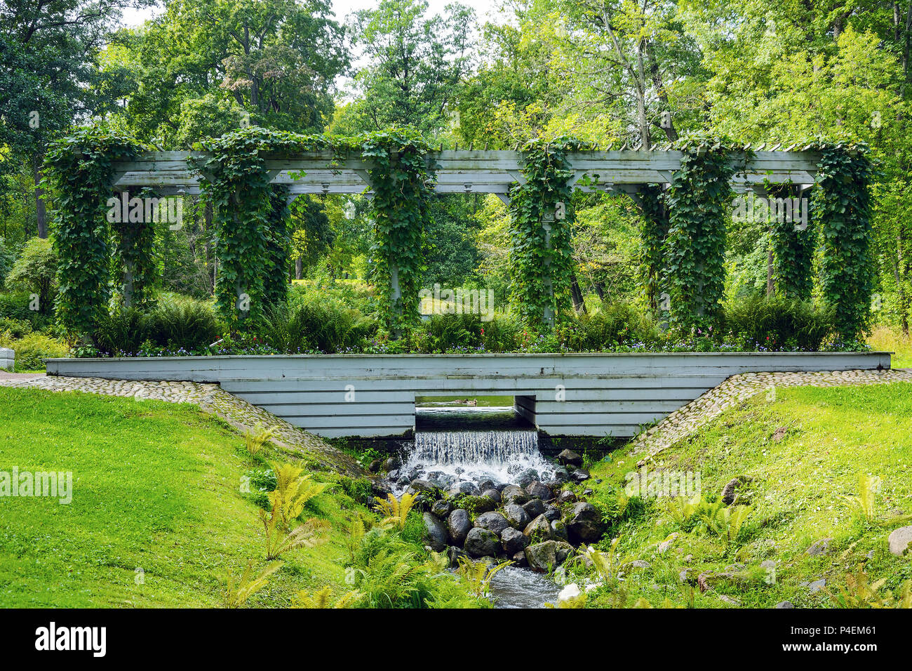 Peterhof, pedestrian bridge with pergola in the Alexandria landscape ...