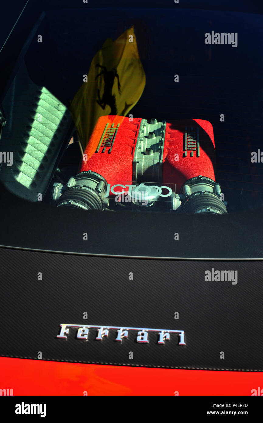 View to engine through glass cover in a Ferrari car on display at the ...