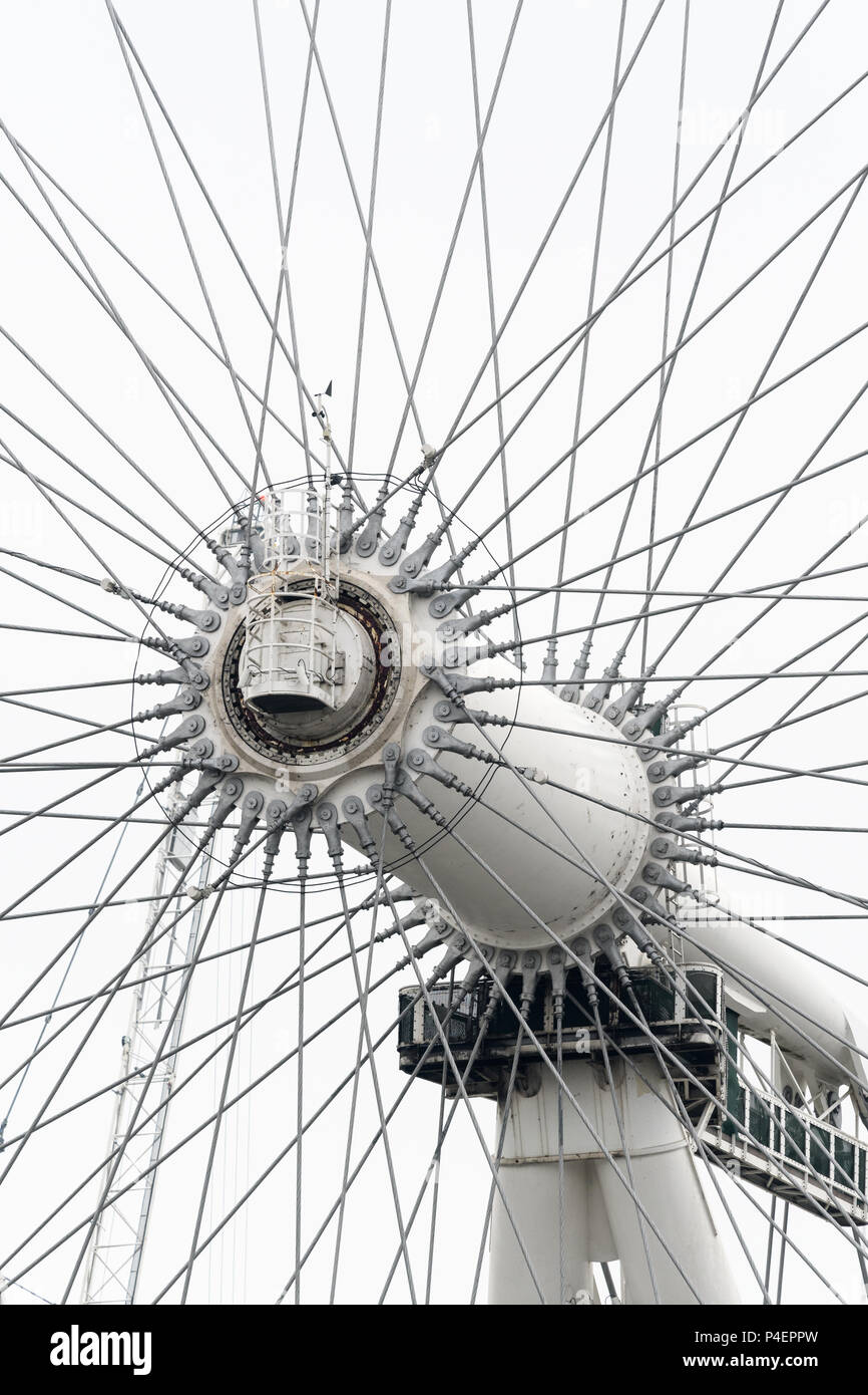 Hub and steel spokes of the London Eye ferris wheel at Westminster ...