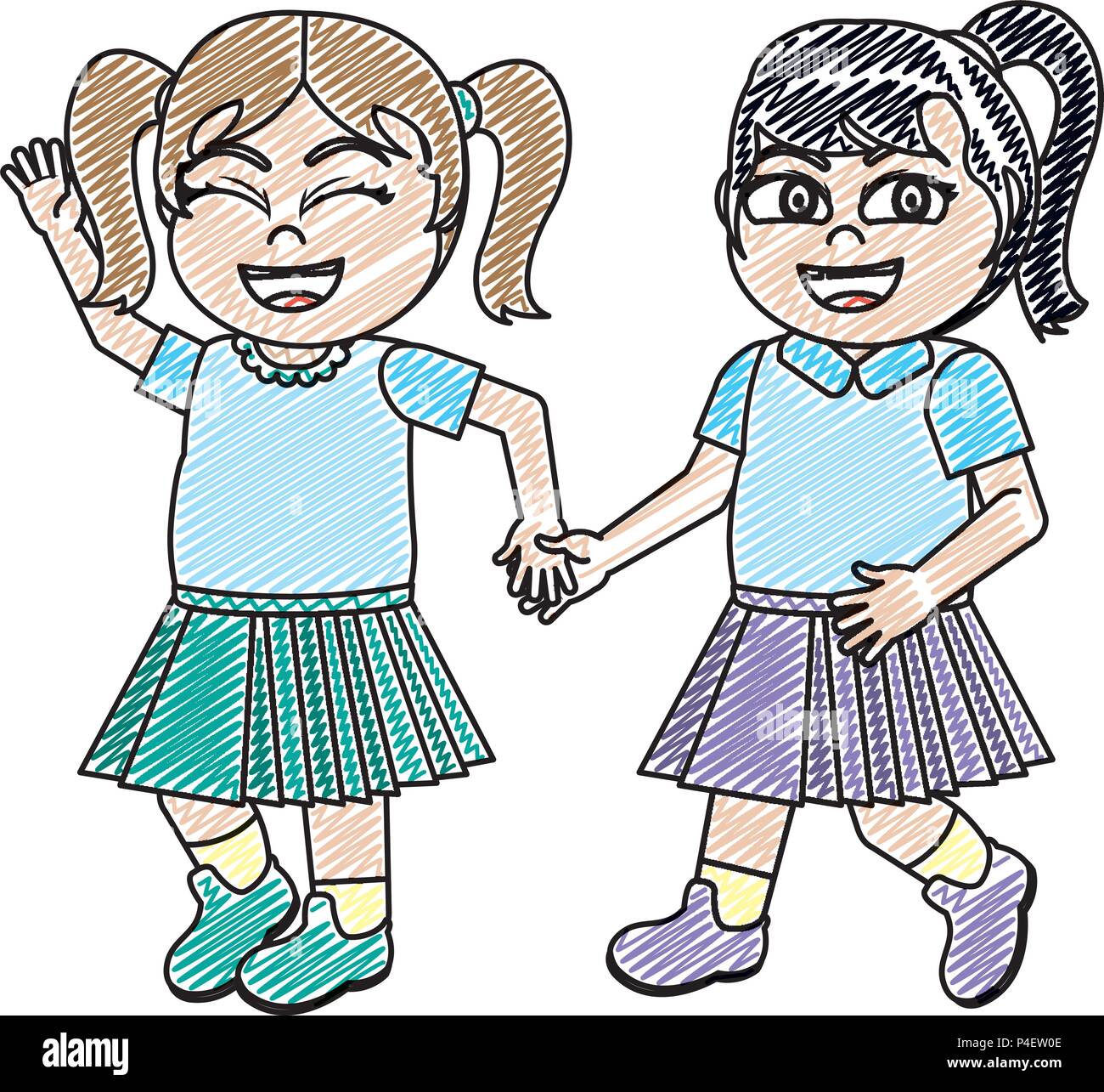 doodle happy girls friends students with hands together Stock Vector ...