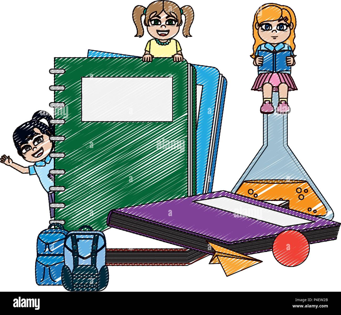 doodle happy girls students with school utensils Stock Vector Image ...