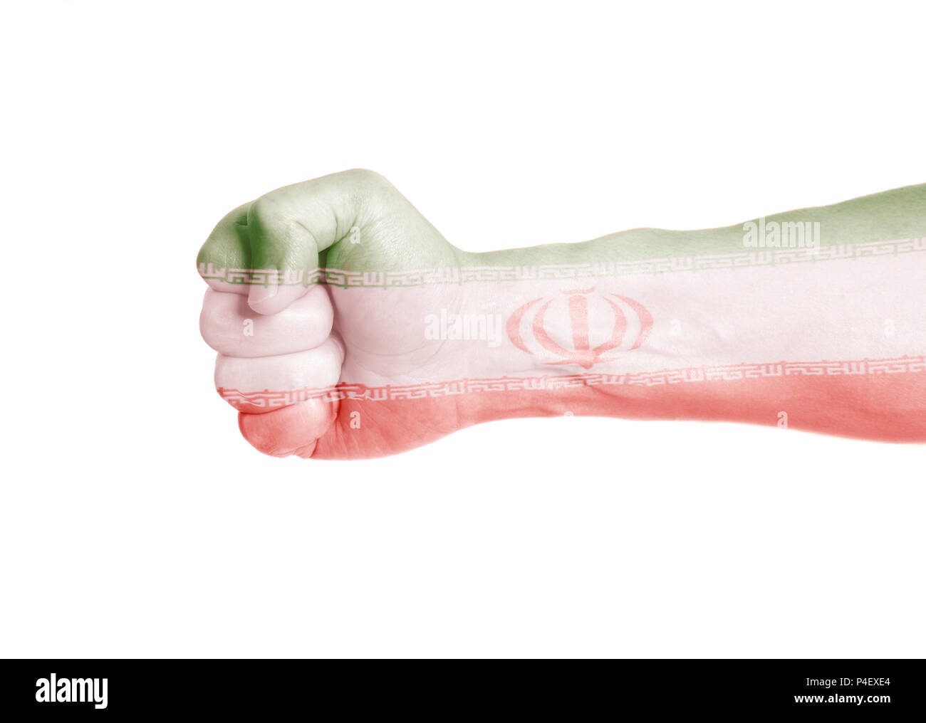 Iran Flag painted on male hand with clenched a fist isolated on a white ...