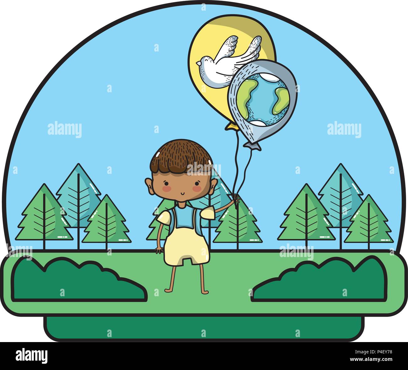 boy with dove and earth planet balloons in the landscape Stock Vector ...