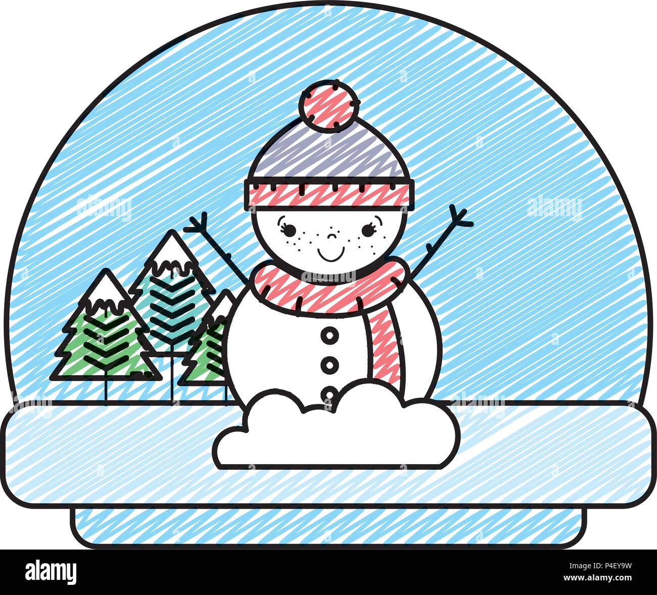 doodle snowman in the winter landscape with pine trees Stock Vector ...