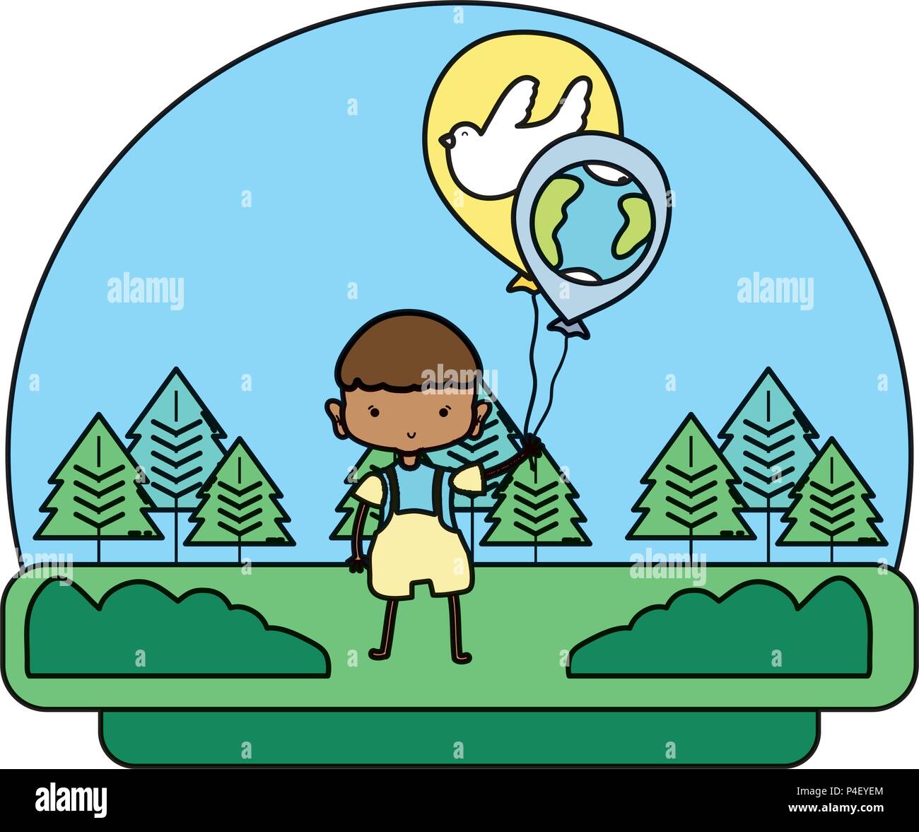 color boy with dove and earth planet balloons in the landscape Stock ...