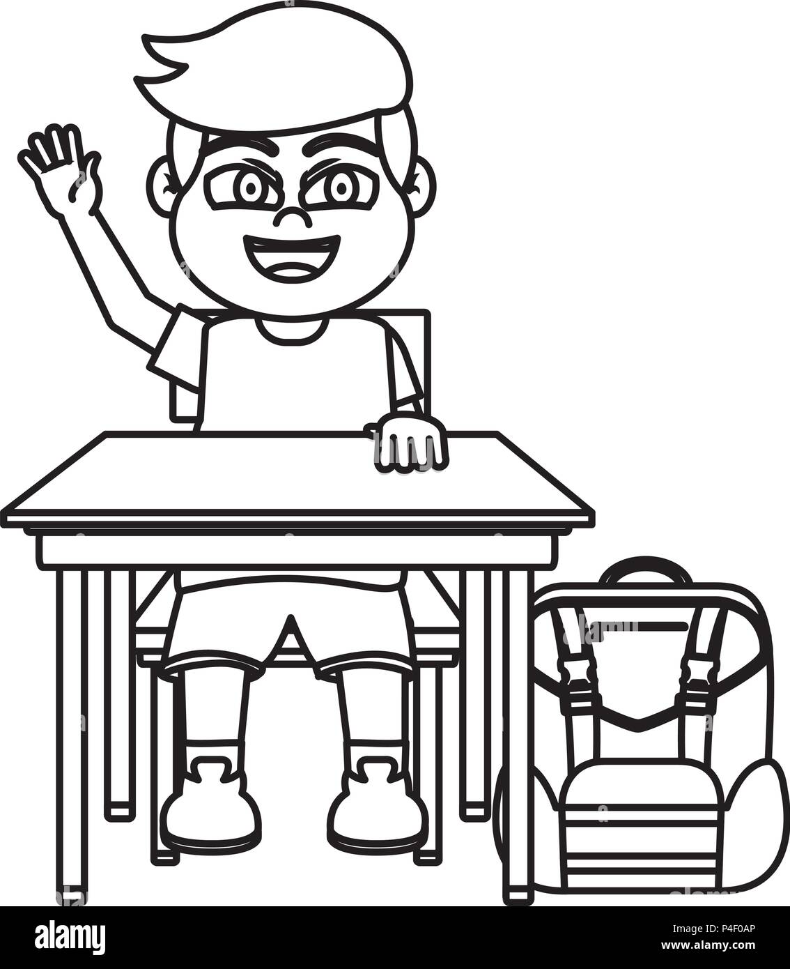 line boy sitting school desk with backpack Stock Vector Image & Art - Alamy