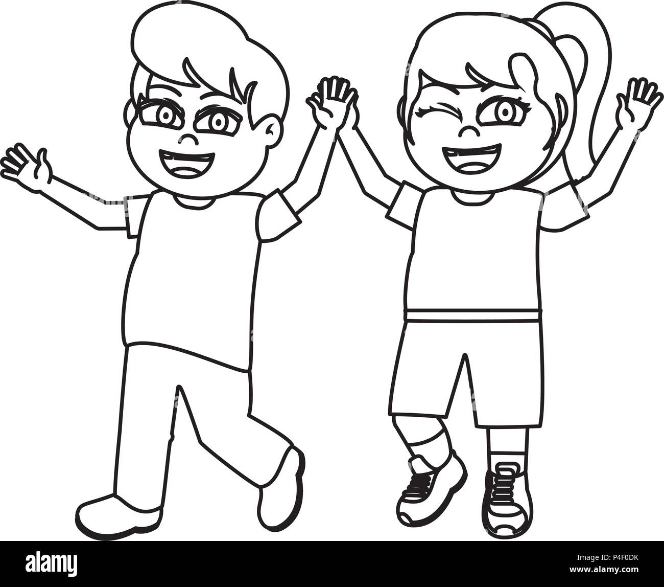 line happy girl and boy children with hands up Stock Vector Image & Art ...