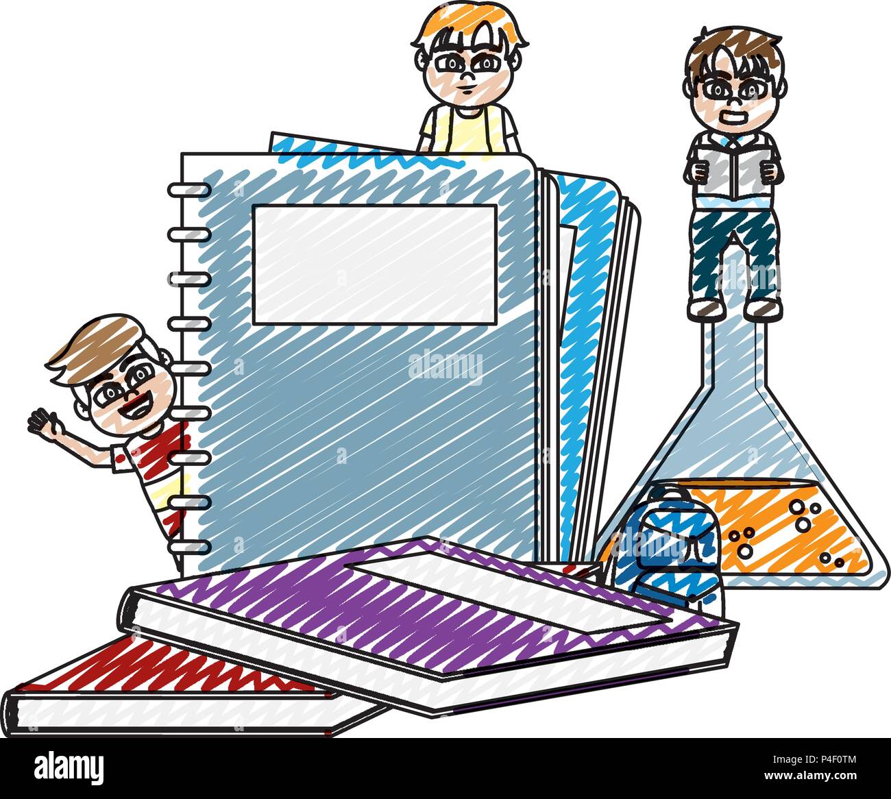 doodle cute students children with school utensils Stock Vector Image ...