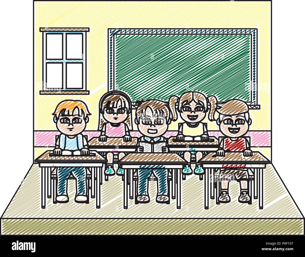 doodle nice students children in the blackboard and classroom Stock ...