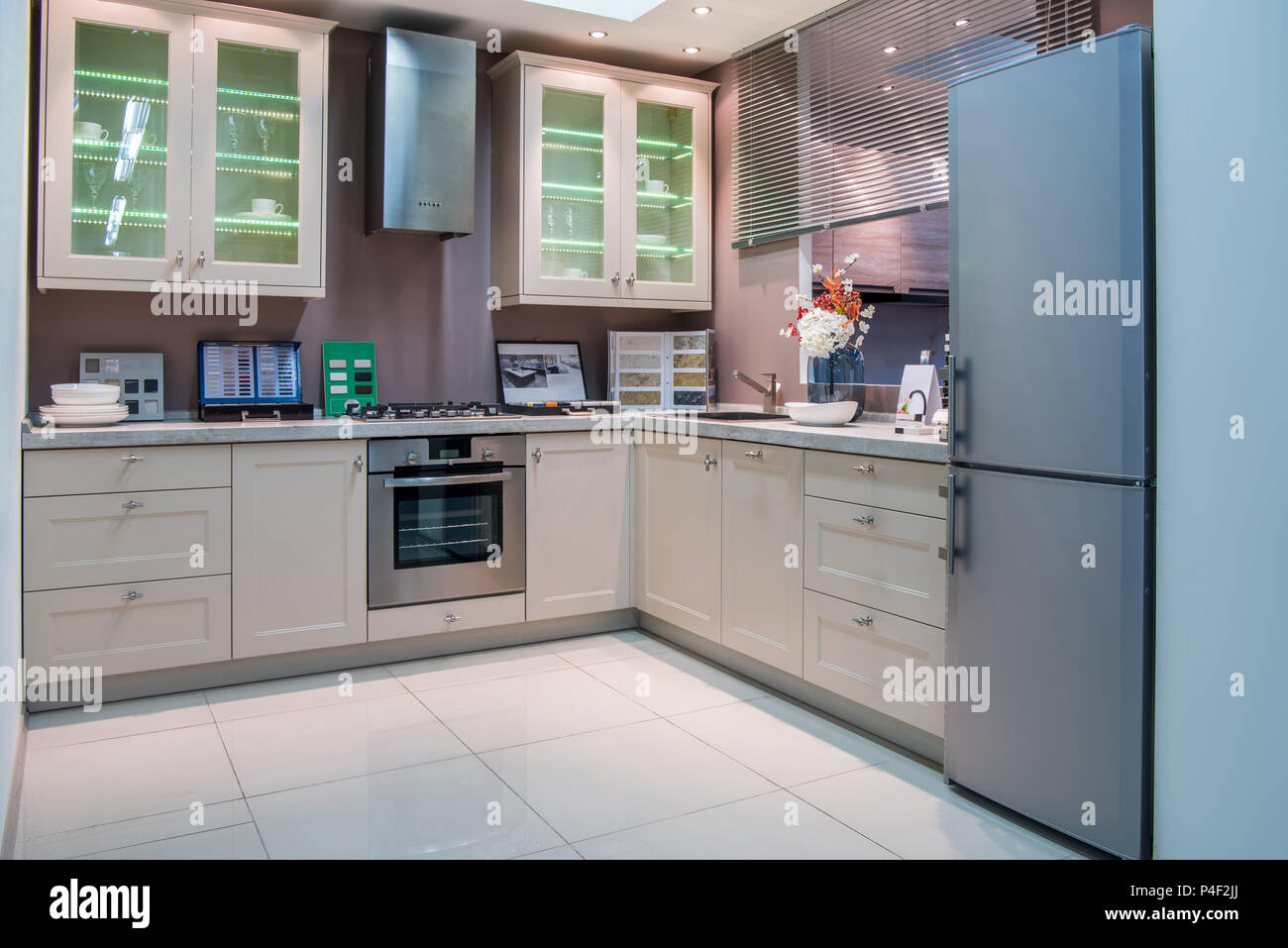 modern kitchen interior with grey refrigerator Stock Photo - Alamy