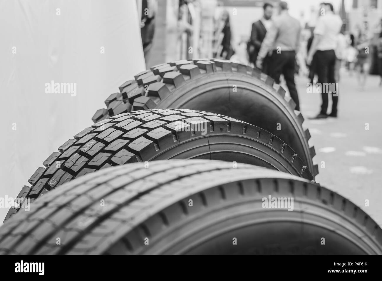 Cargo tires are new at the mining exhibition Stock Photo - Alamy