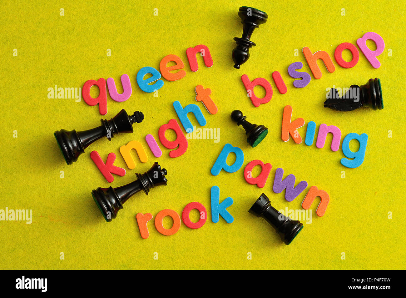 All the different chess pieces with there names on a yellow background ...