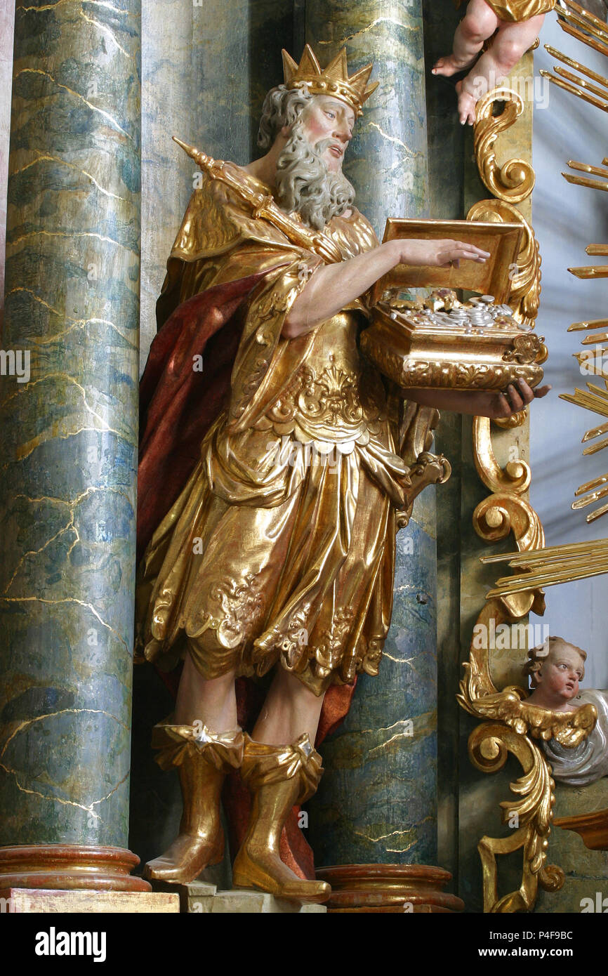 Biblical Magi Melchior statue on the altar in the Baroque Church of Our ...