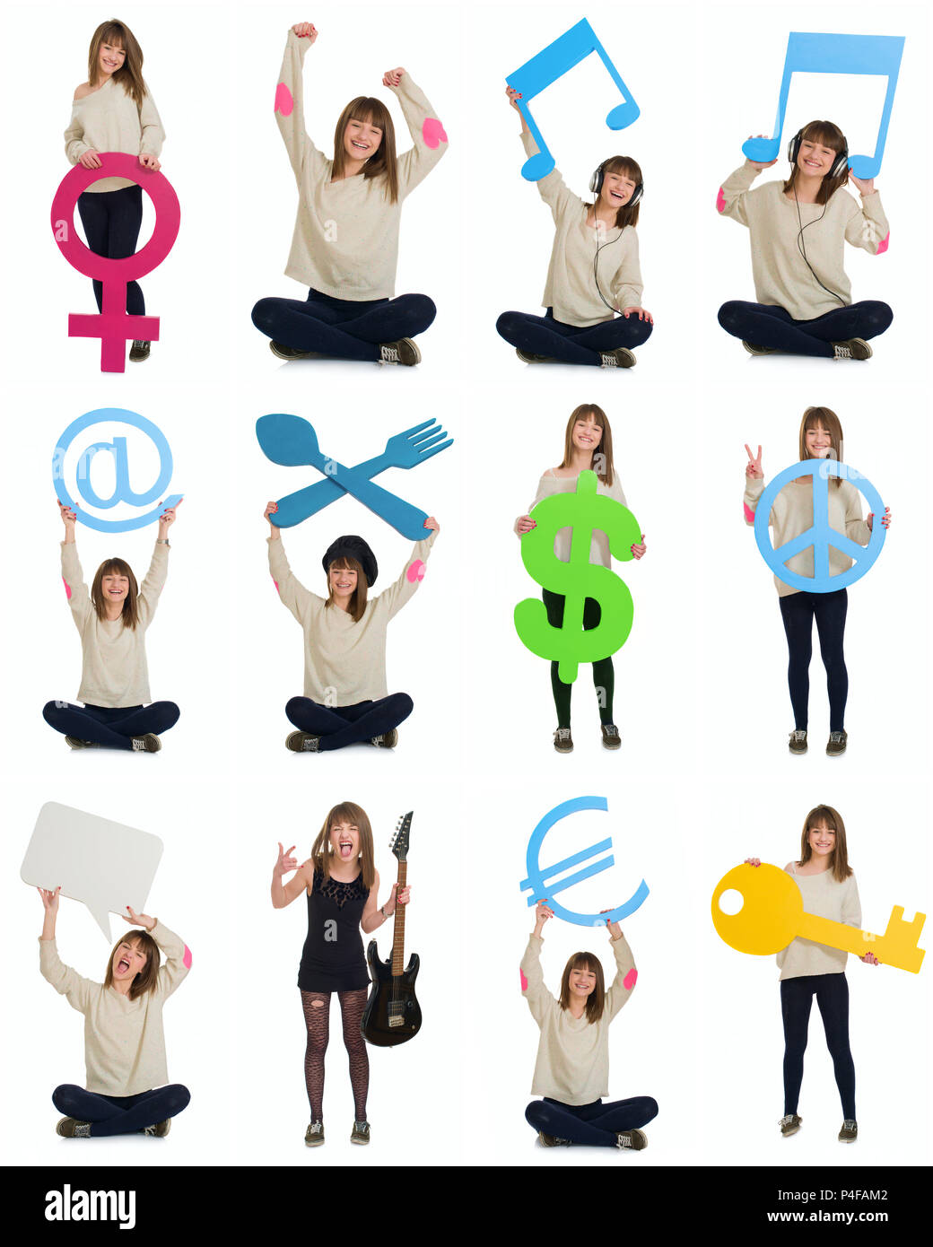 Beautiful young woman holding objects and banner happy with a big smile ...