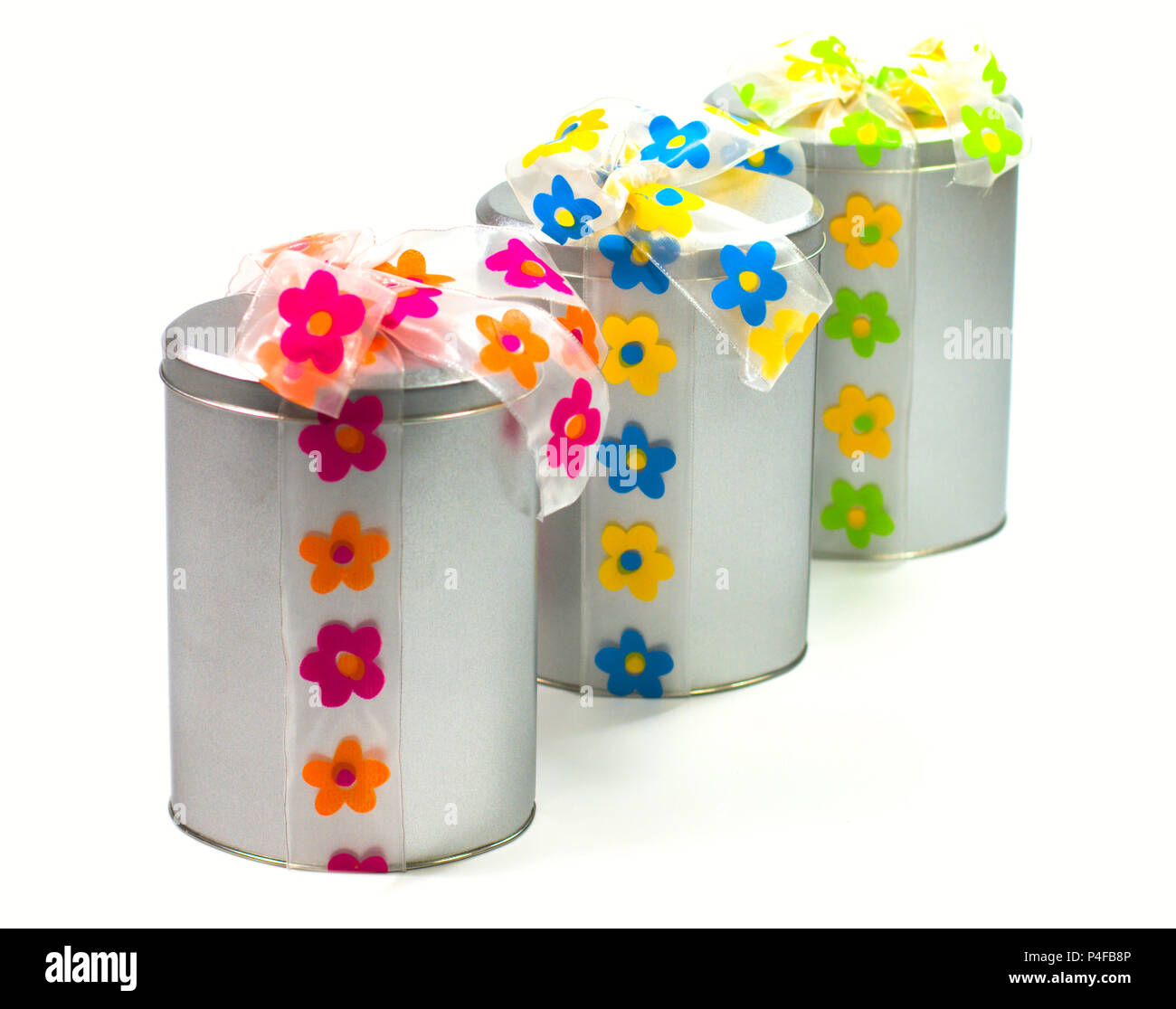 tree beautiful metal gift boxes with colorful bows Stock Photo - Alamy
