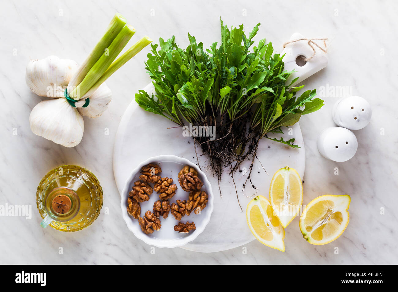 ingredients for making pesto from arugula and walnuts. Summer ...