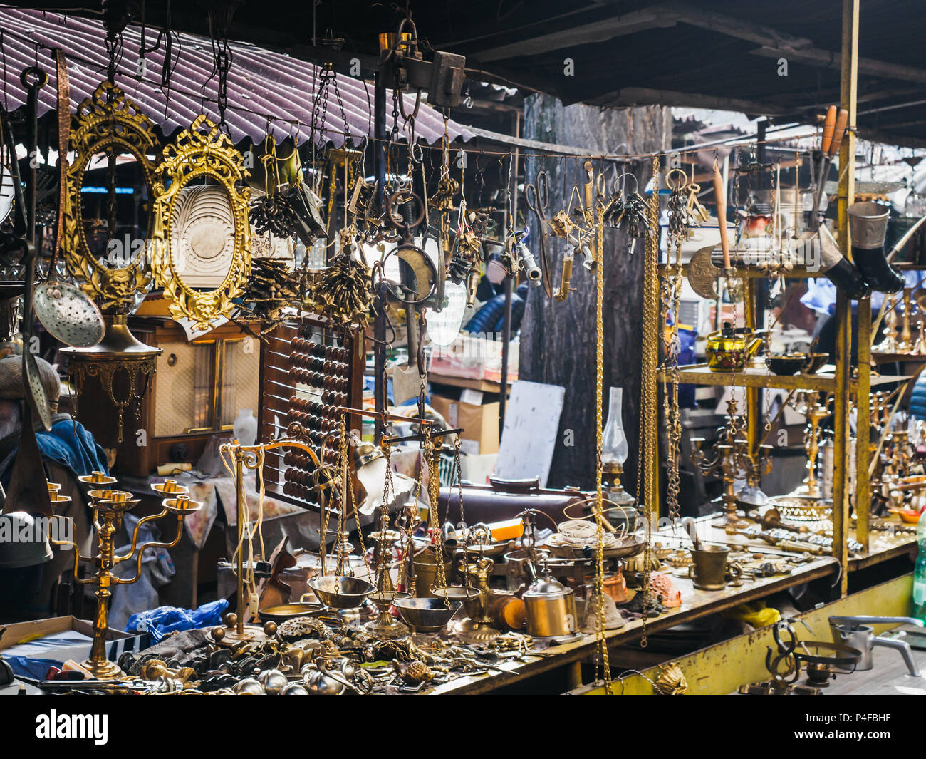 close up view of arranged old fashioned things on street market Stock ...