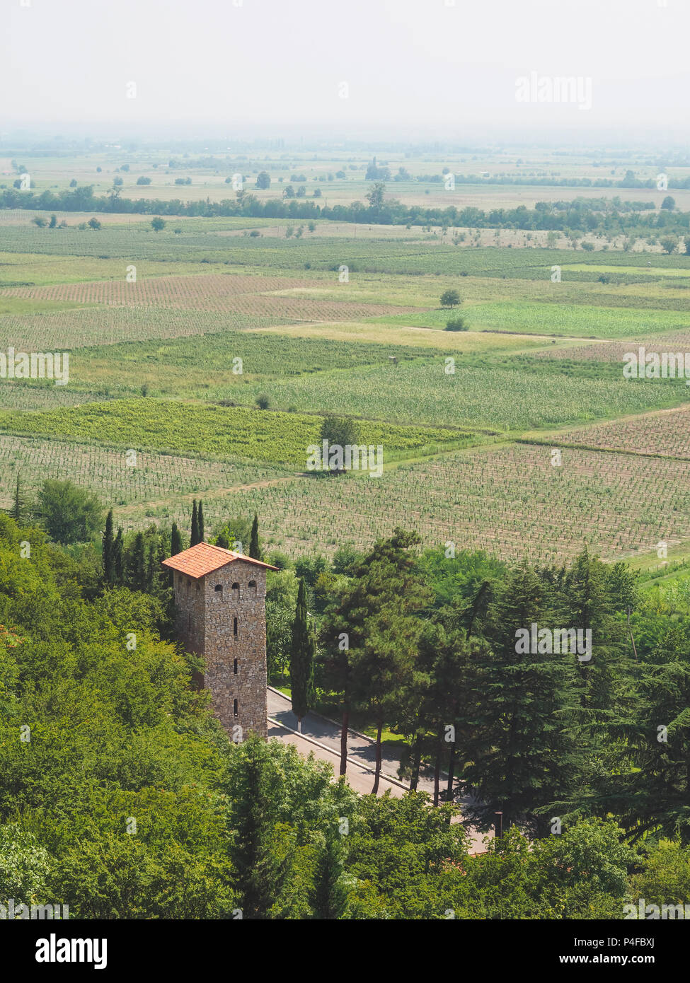 aerial view of old stone tower and green fields in Georgia Stock Photo ...