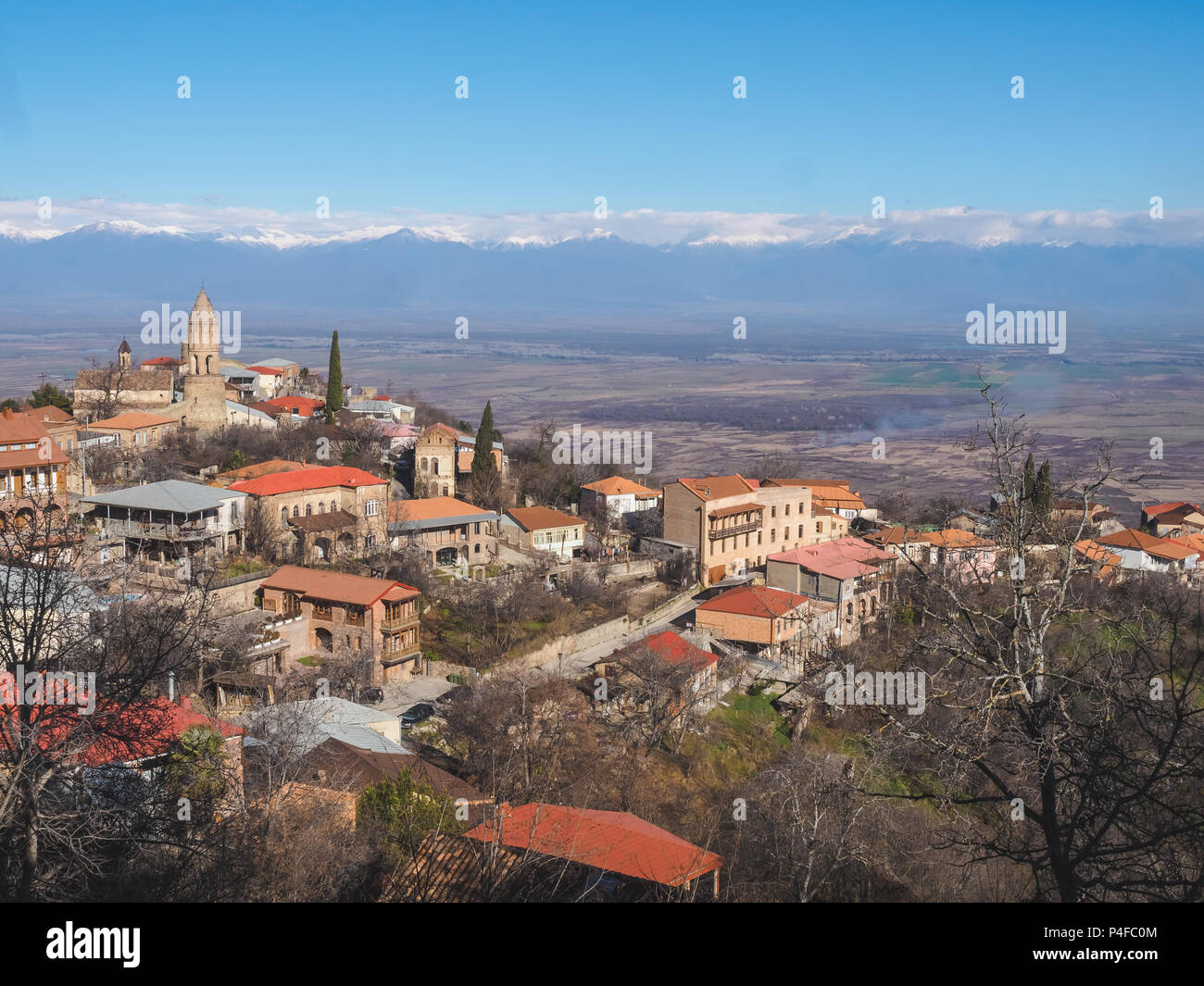 aerial view of village and beautiful mountains in Signagi, Georgia ...