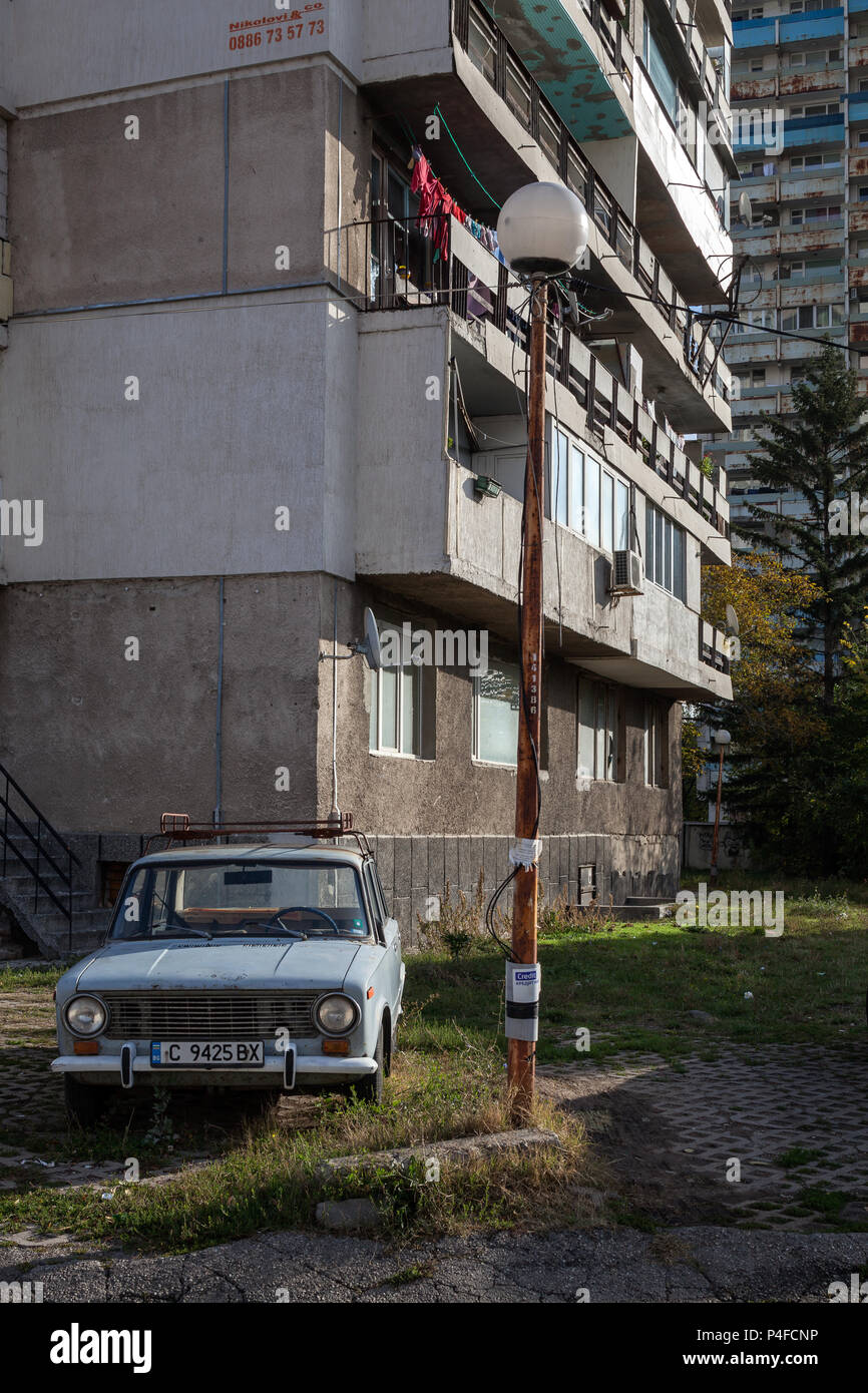 Sofia, Bulgaria, Old Car and Plattenbauten Stock Photo - Alamy