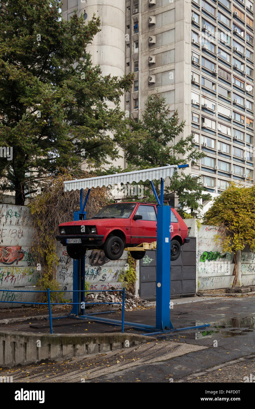 Belgrade, Serbia, Yugo on a lift at the Genex Tower in Blok 33 in New ...