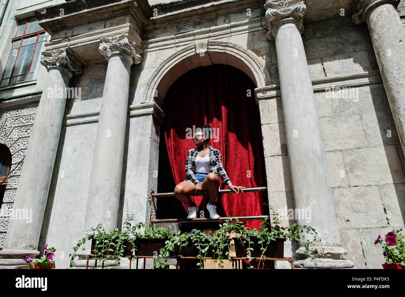 Hip hop african american girl on sunglasses and jeans shorts. Casual ...