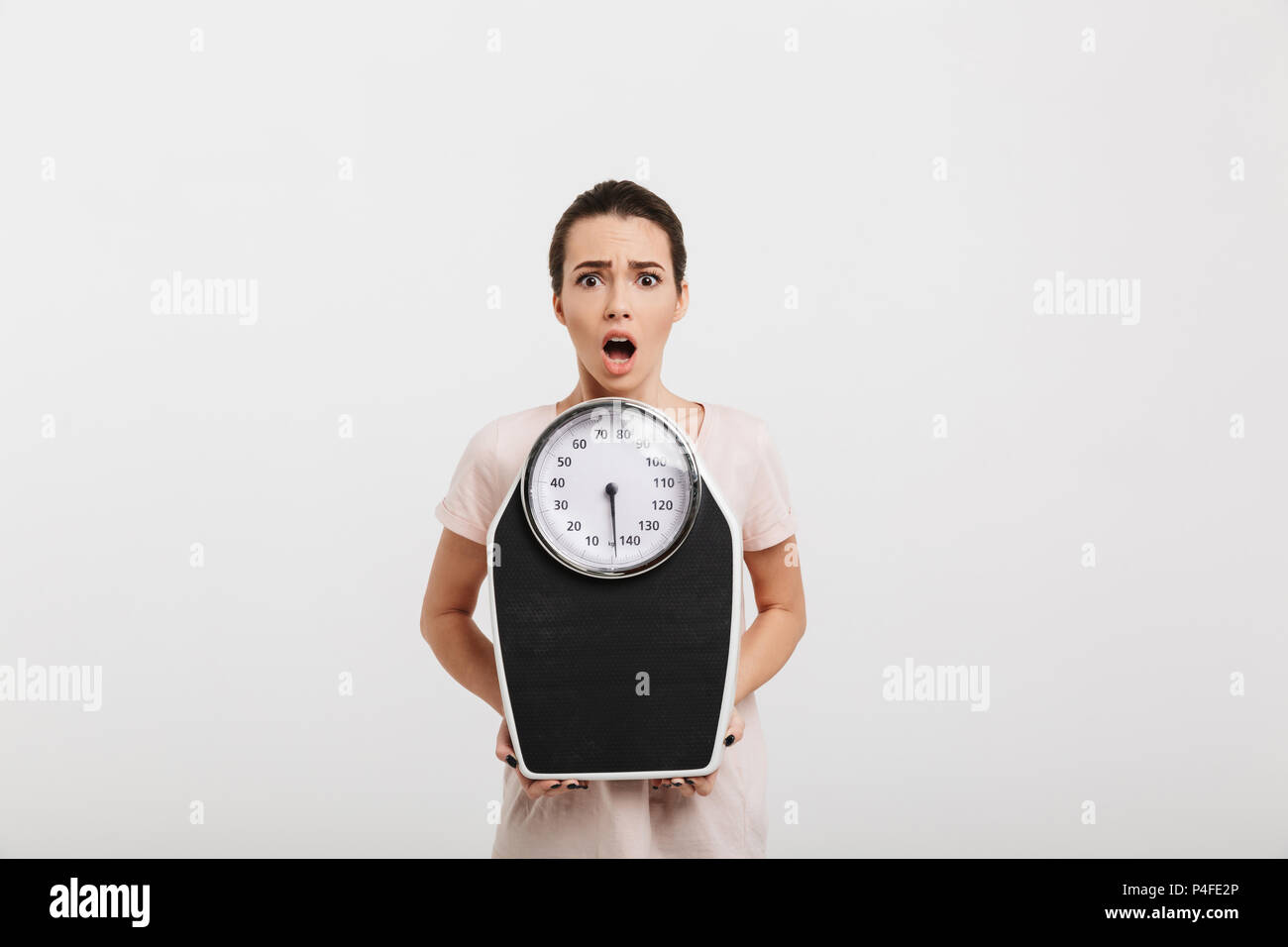 Woman weight scales shocked hi-res stock photography and images - Alamy