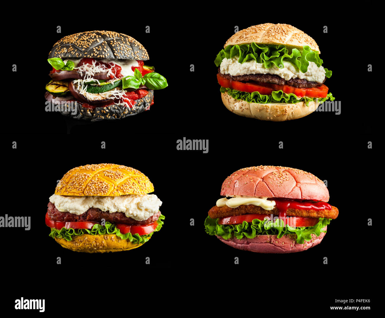 collage of burgers with colorful buns and different fillings on a black ...
