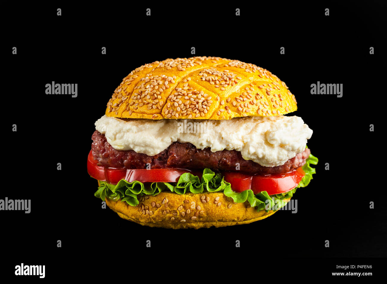 yellow burger from turmeric with sausage from chopped meat , fresh ...