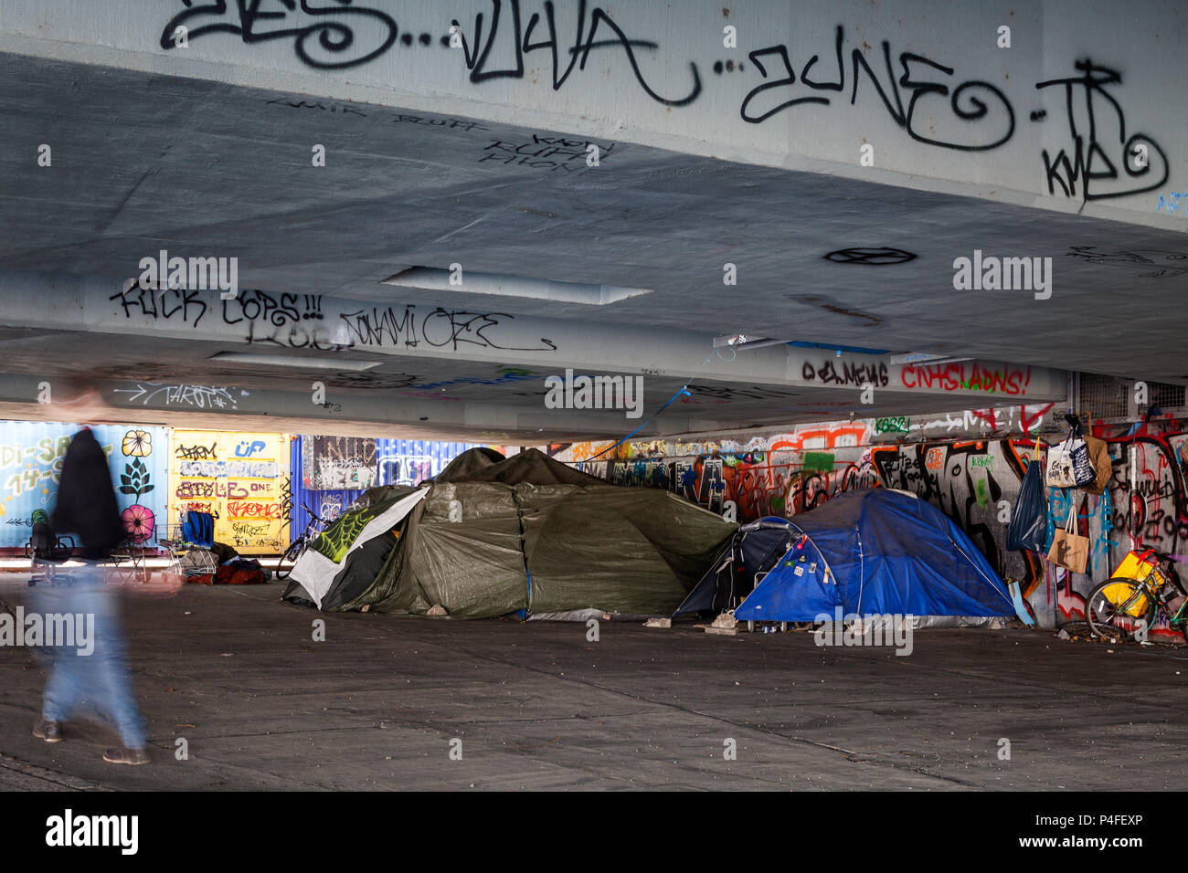 Berlin, Germany, Tents of the homeless under the Elsenbruecke in Berlin ...