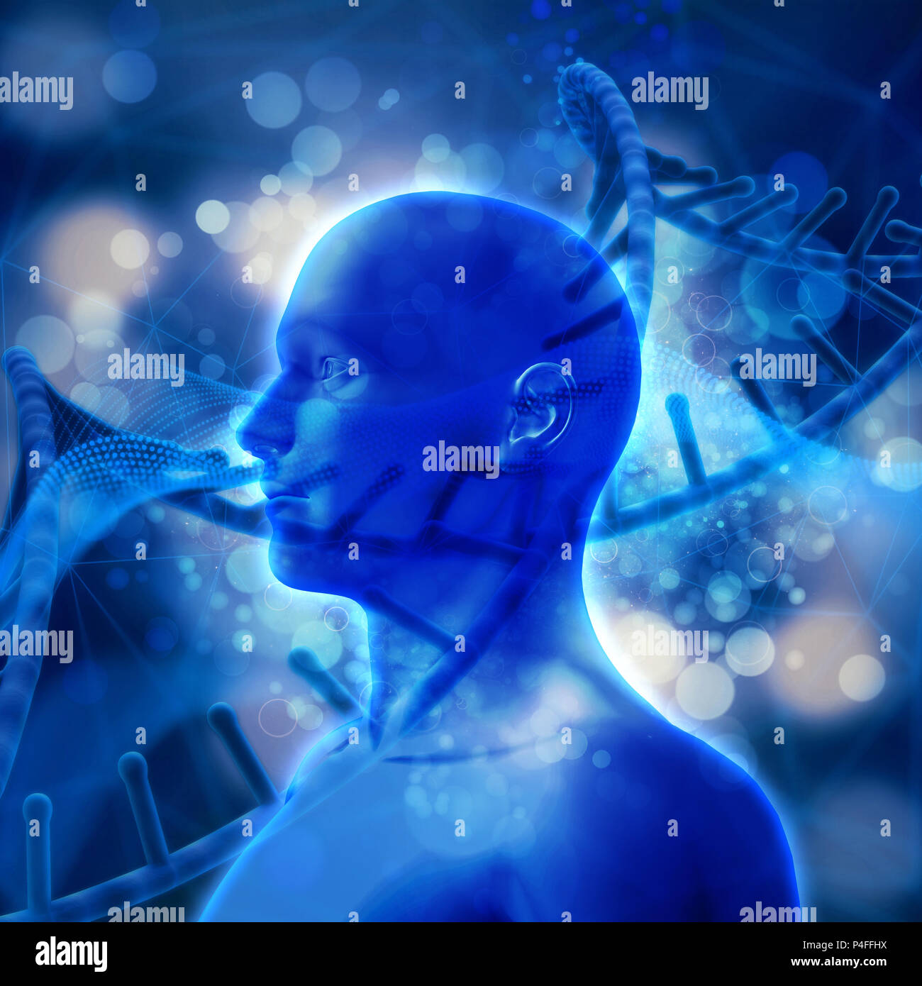 3D render of a medical background with DNA strands and male head Stock ...