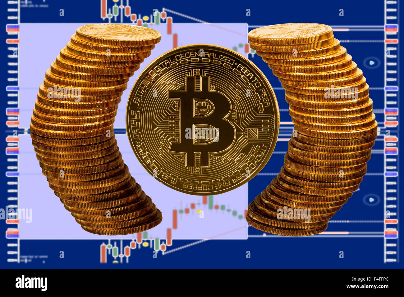 Bitcoin coin surrounded by reflected circle of pure gold coins Stock ...