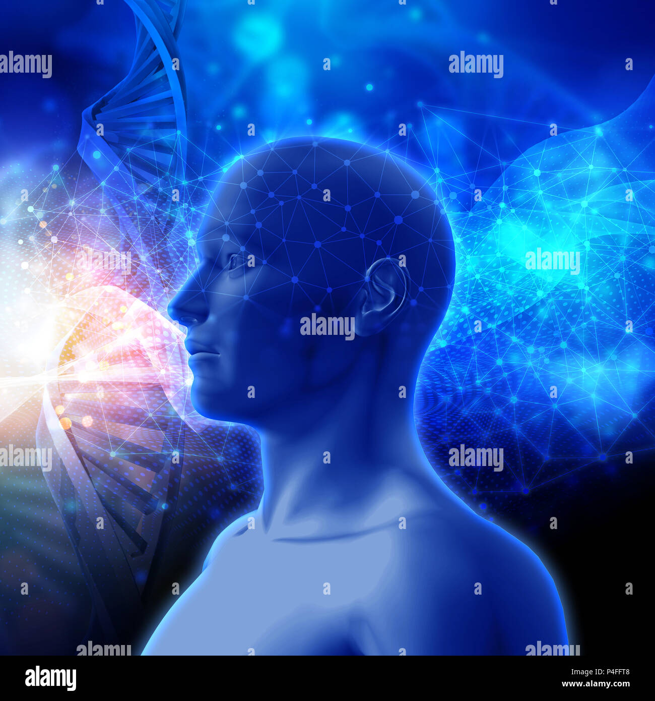 3D render of a medical background with DNA strands and male head Stock ...