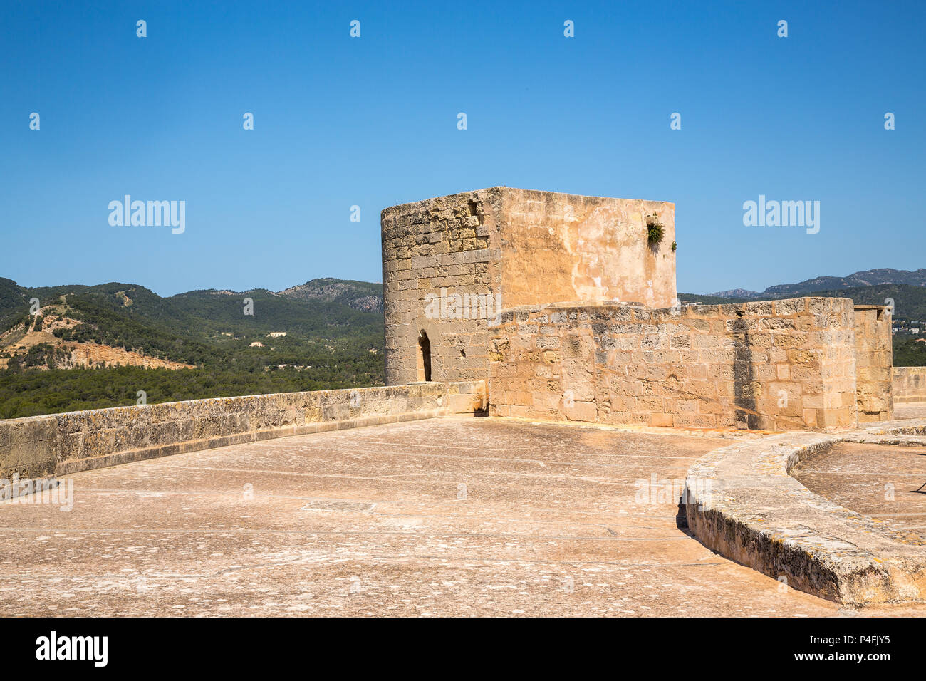 Old fortified castle high above Palma in Majorca Spain Stock Photo - Alamy