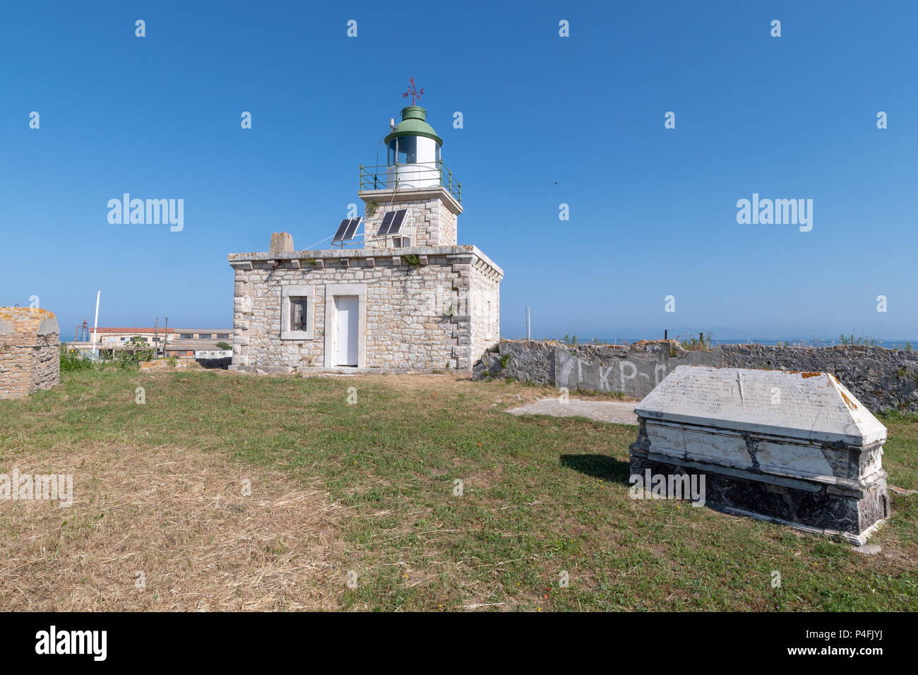 Santa Maura Lighthouse at the entrance to Lefkas Canal Stock Photo - Alamy