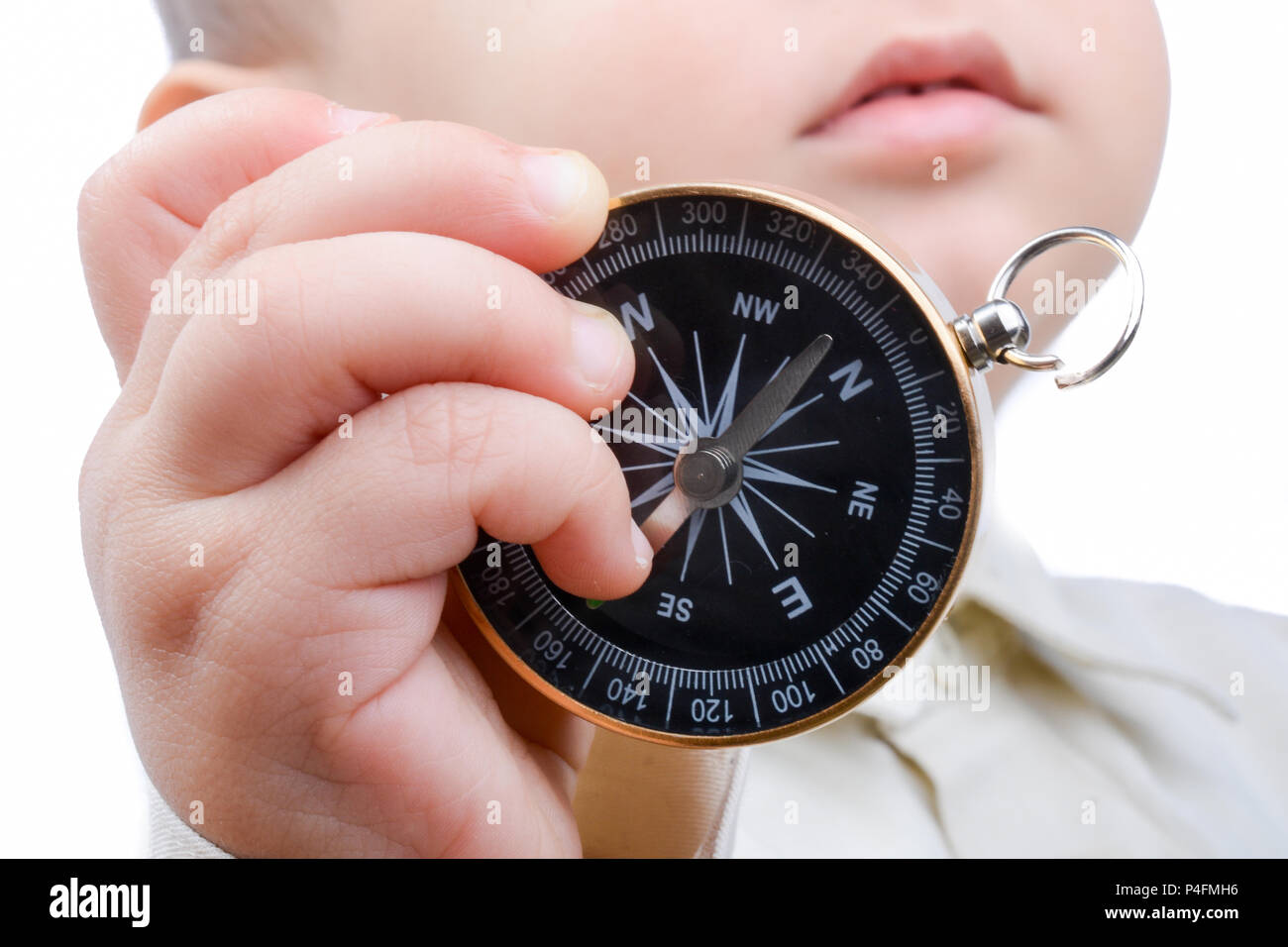 Isolated compass in baby's hand on a white background Stock Photo - Alamy