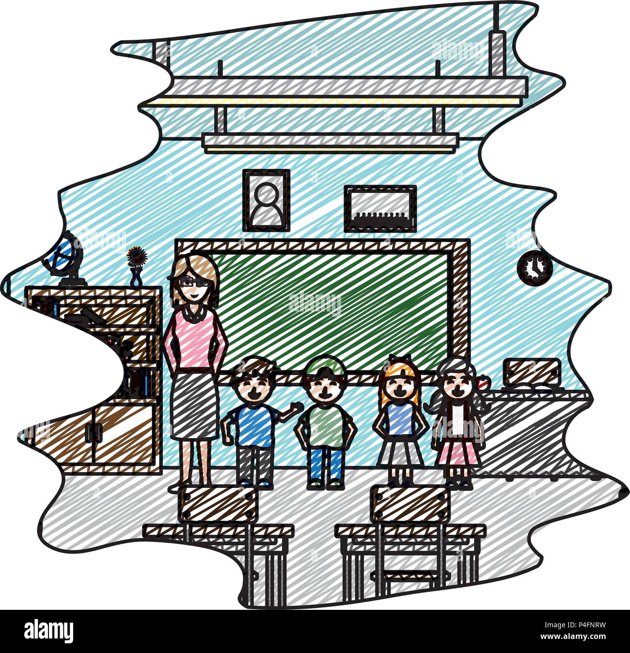 doodle children with teacher in the school classroom education Stock ...