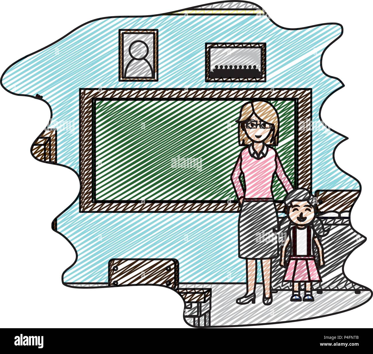 doodle teacher with girl student in the school classroom Stock Vector ...