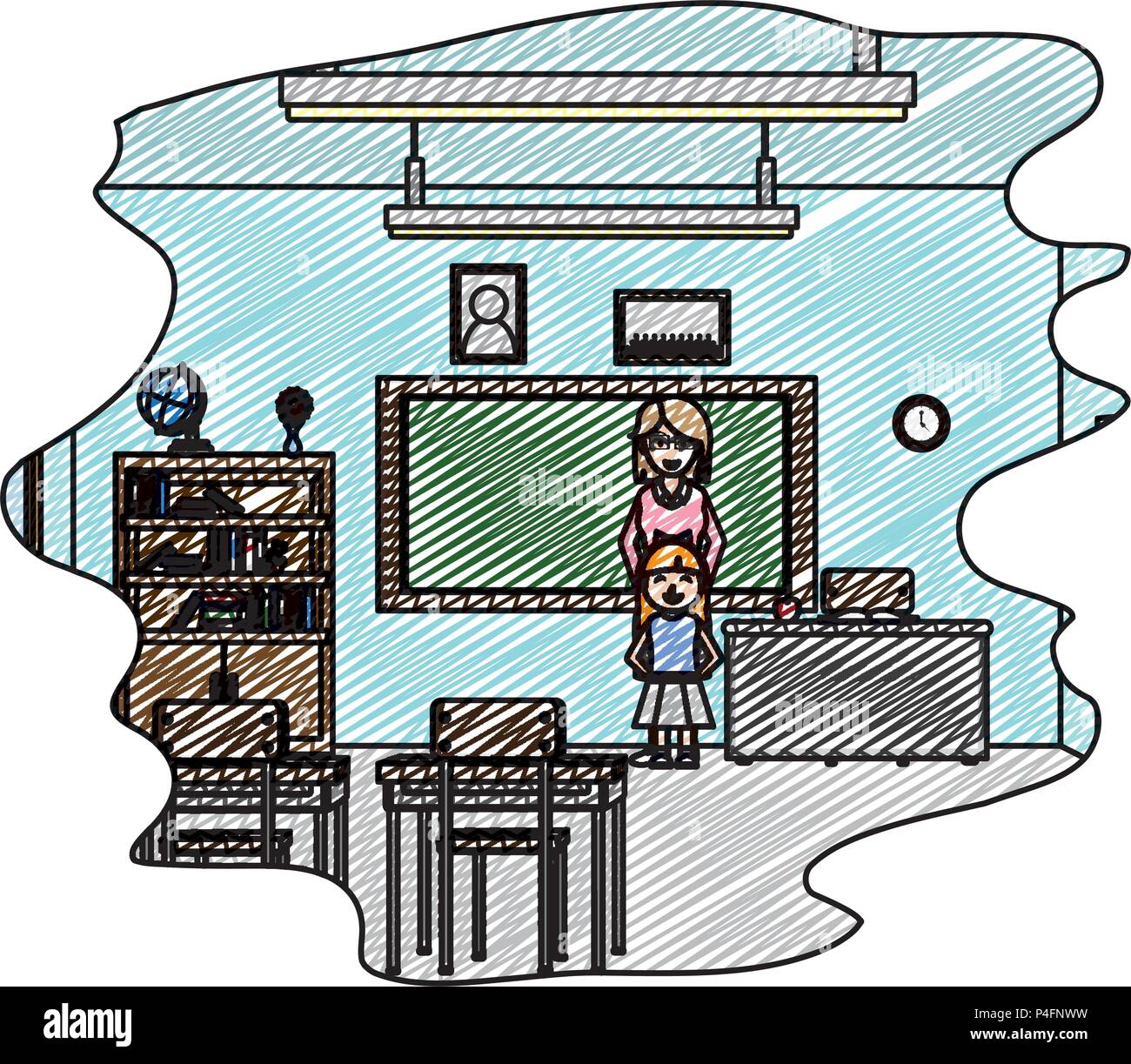 doodle teacher and student learning in the school classroom Stock ...