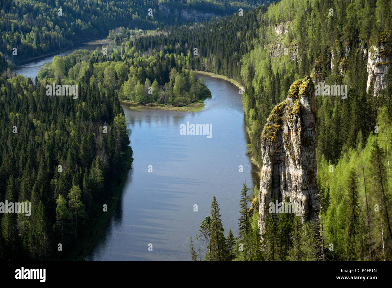 Landscape - wooded canyon of the northern river with rocks, a top view ...