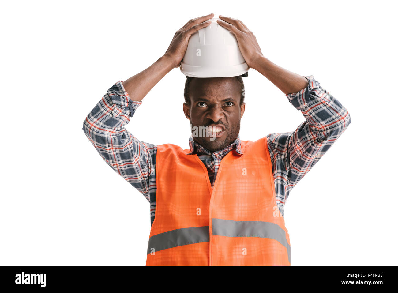 angry african american construction worker in safety vest and hardhat ...
