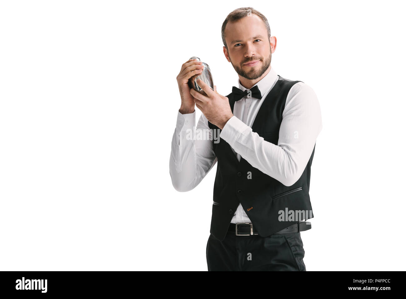 handsome smiling bartender with classical metal shaker isolated on ...