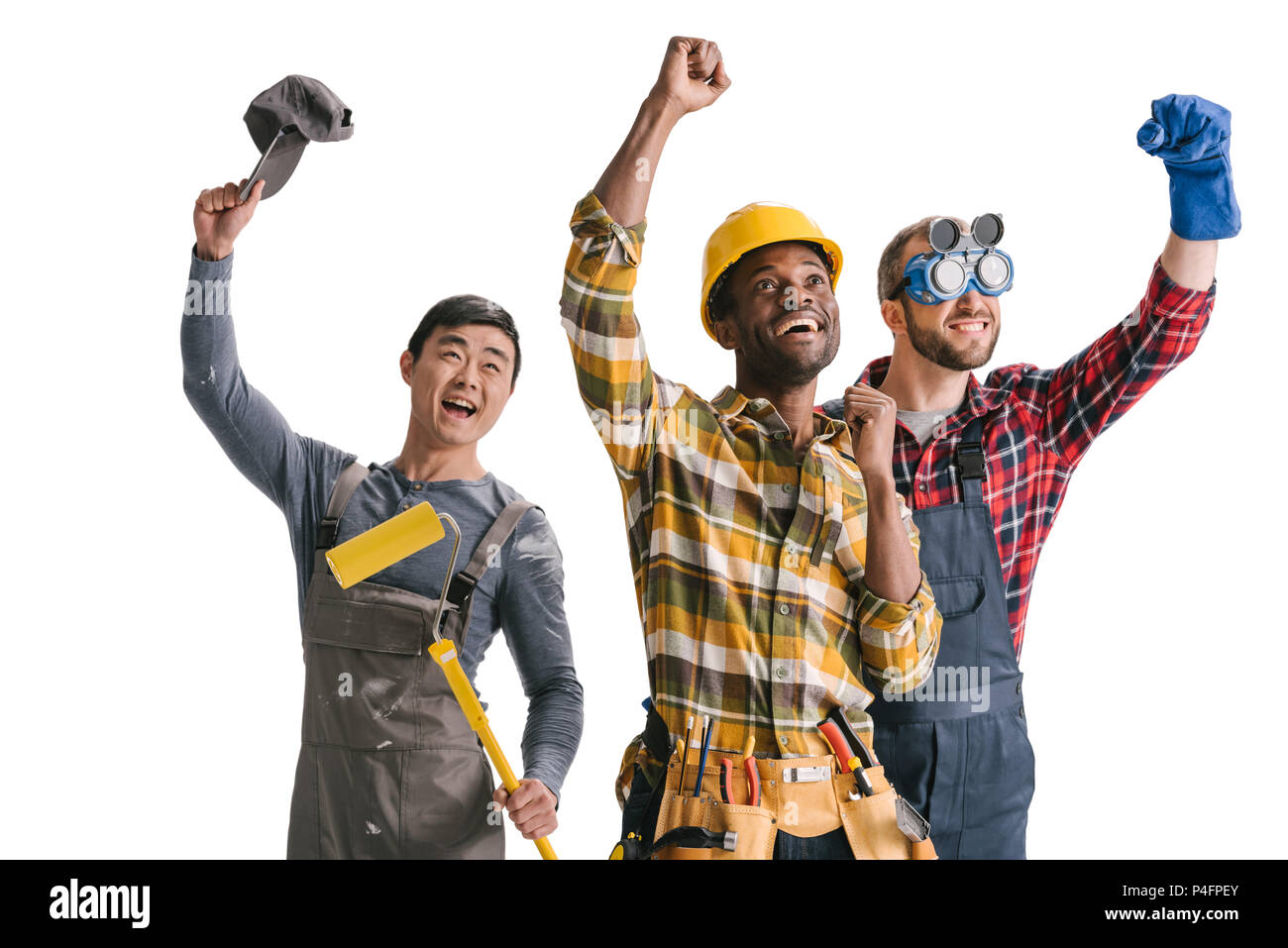 group of multiethnic construction workers celebrating victory Stock ...