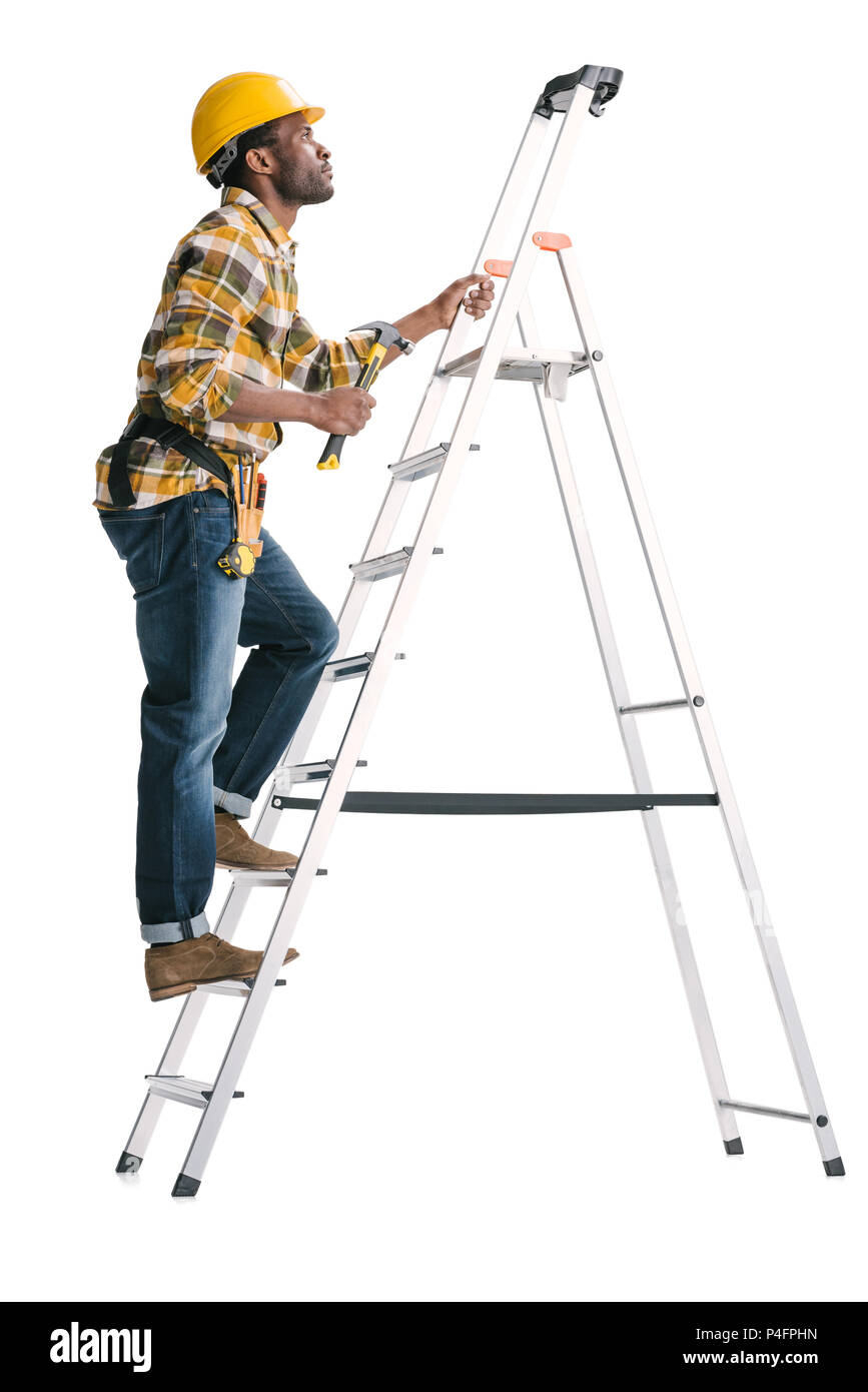 pensive handsome construction worker on ladder isolated on white Stock ...