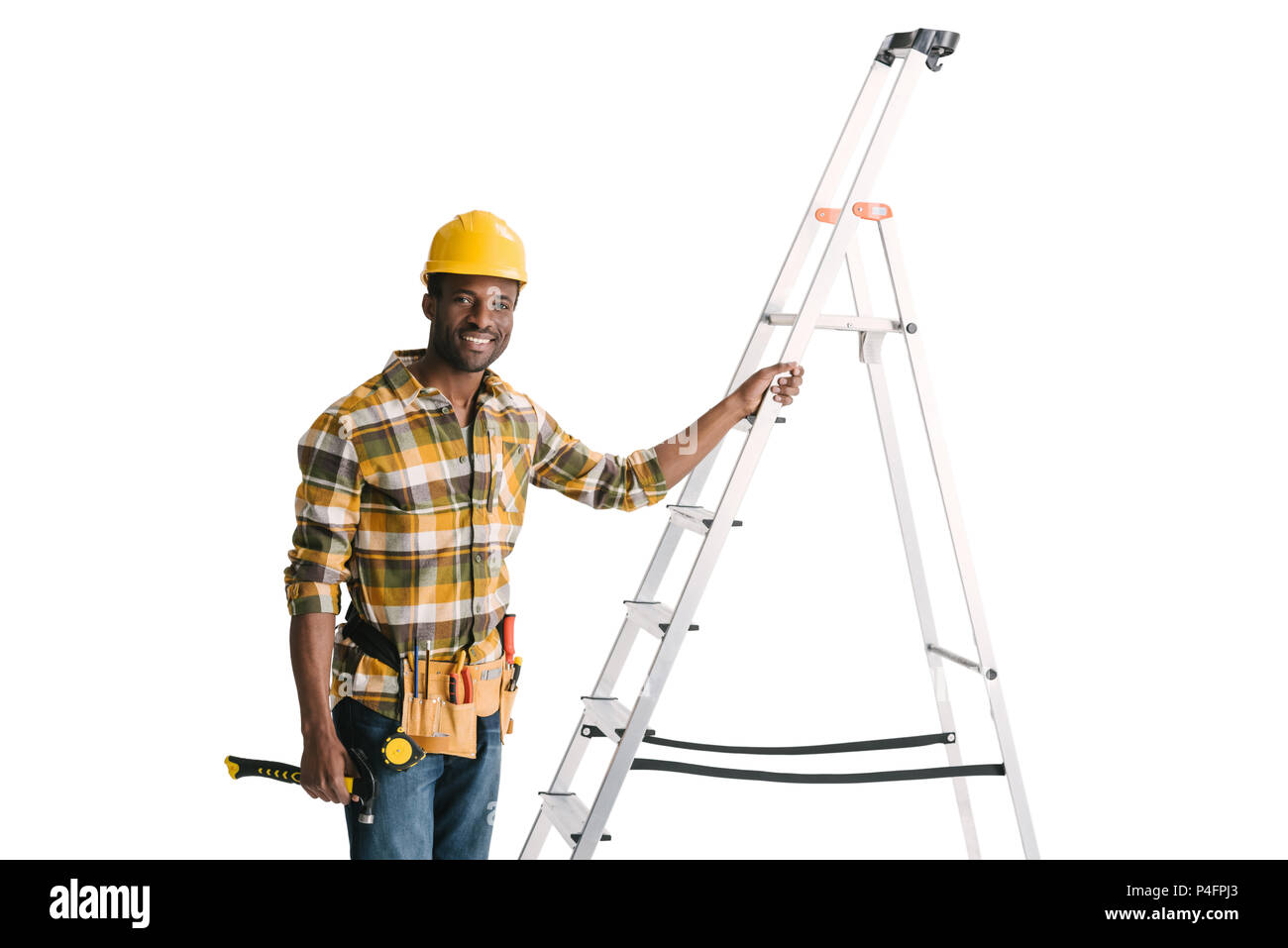 handsome smiling construction worker with ladder isolated on white ...